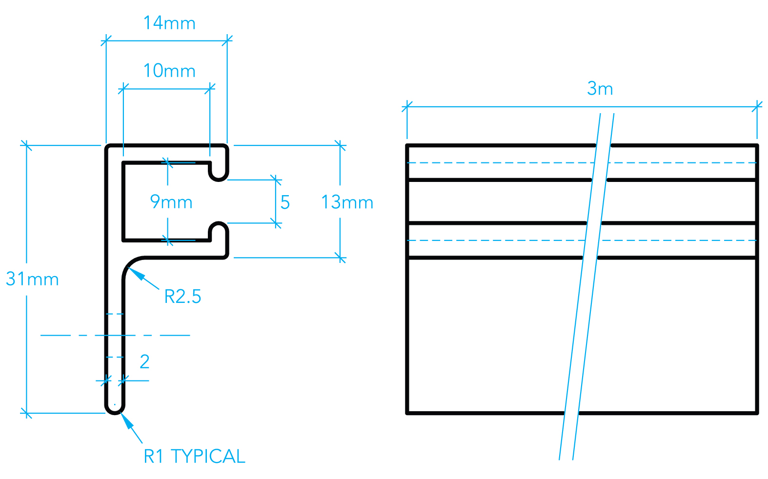 F Track Anti Spray Clip, Aluminium - 3m