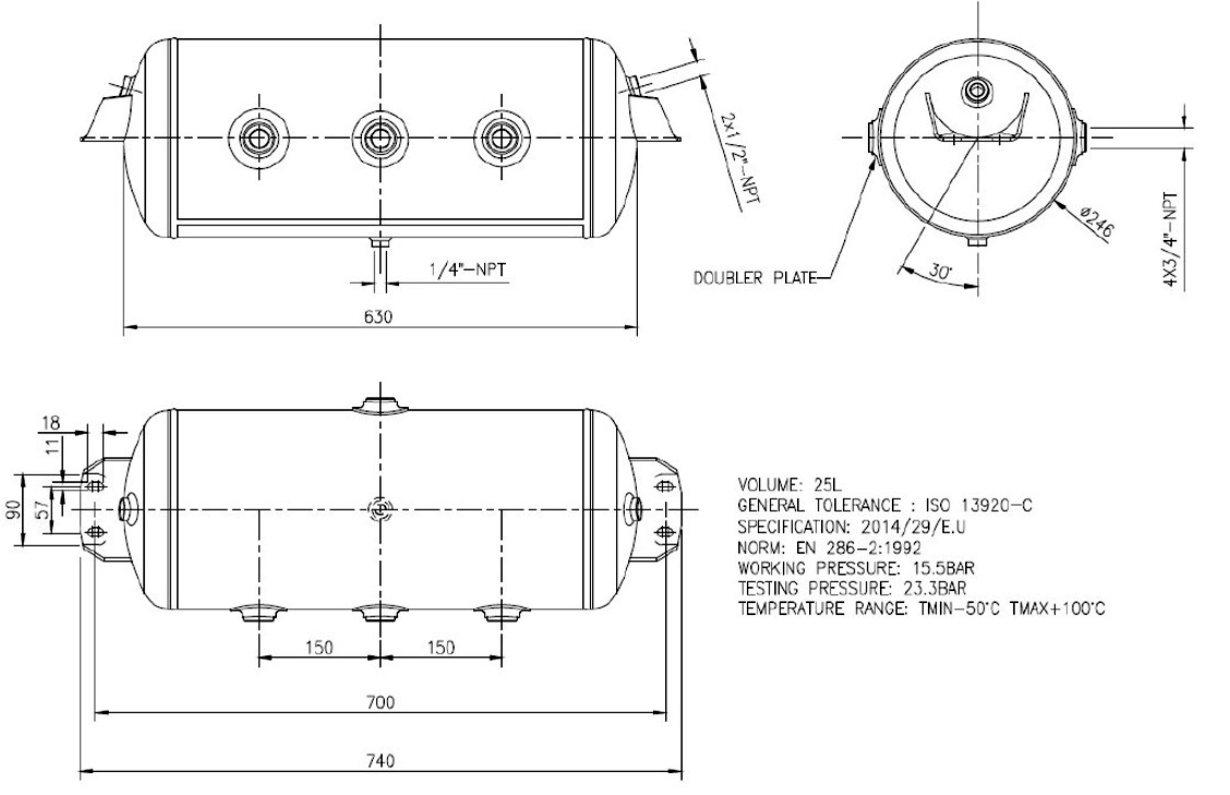 Air Tank Steel, 25 Litre / 1,526 Cubic Inch - Standard