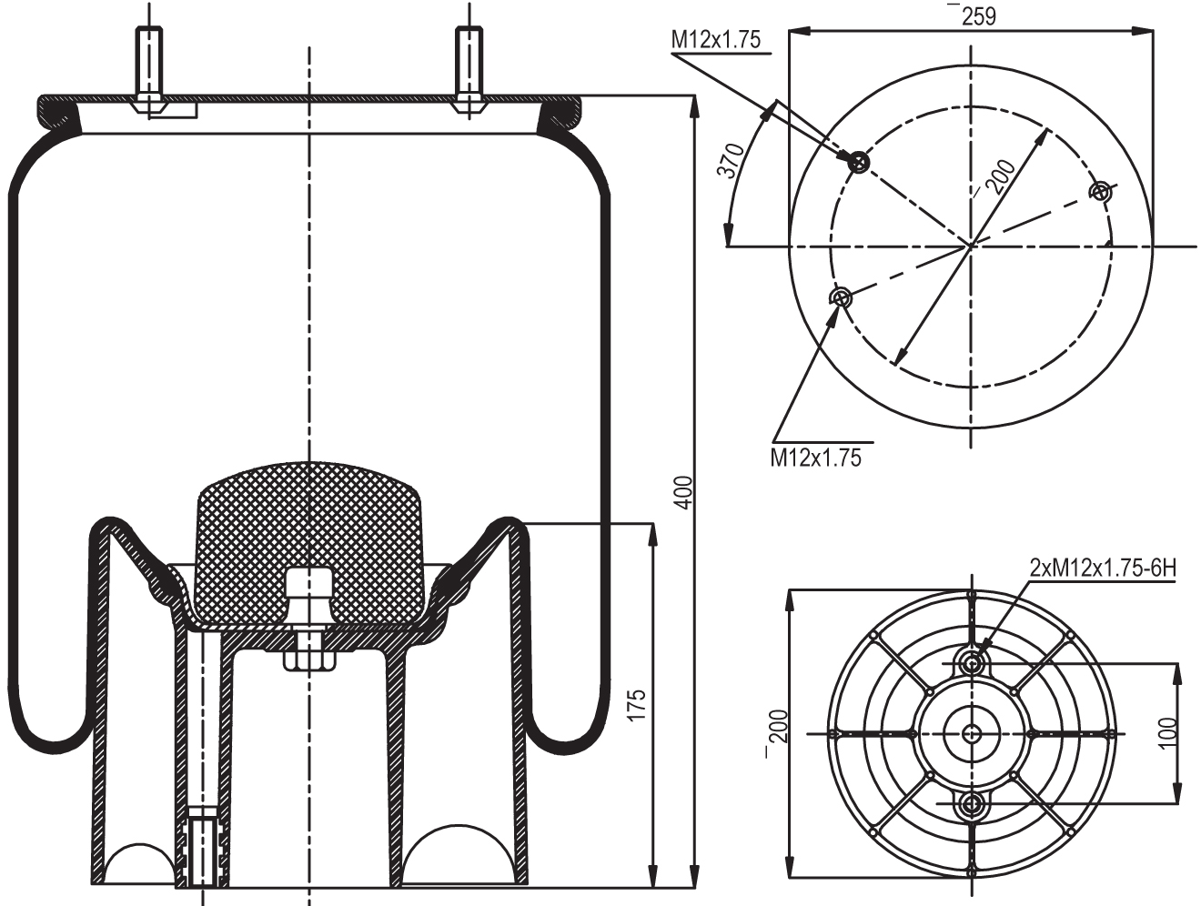 Air Spring Assembly - Flexair 9000NB, 325-350mm Ride Height / Trailer