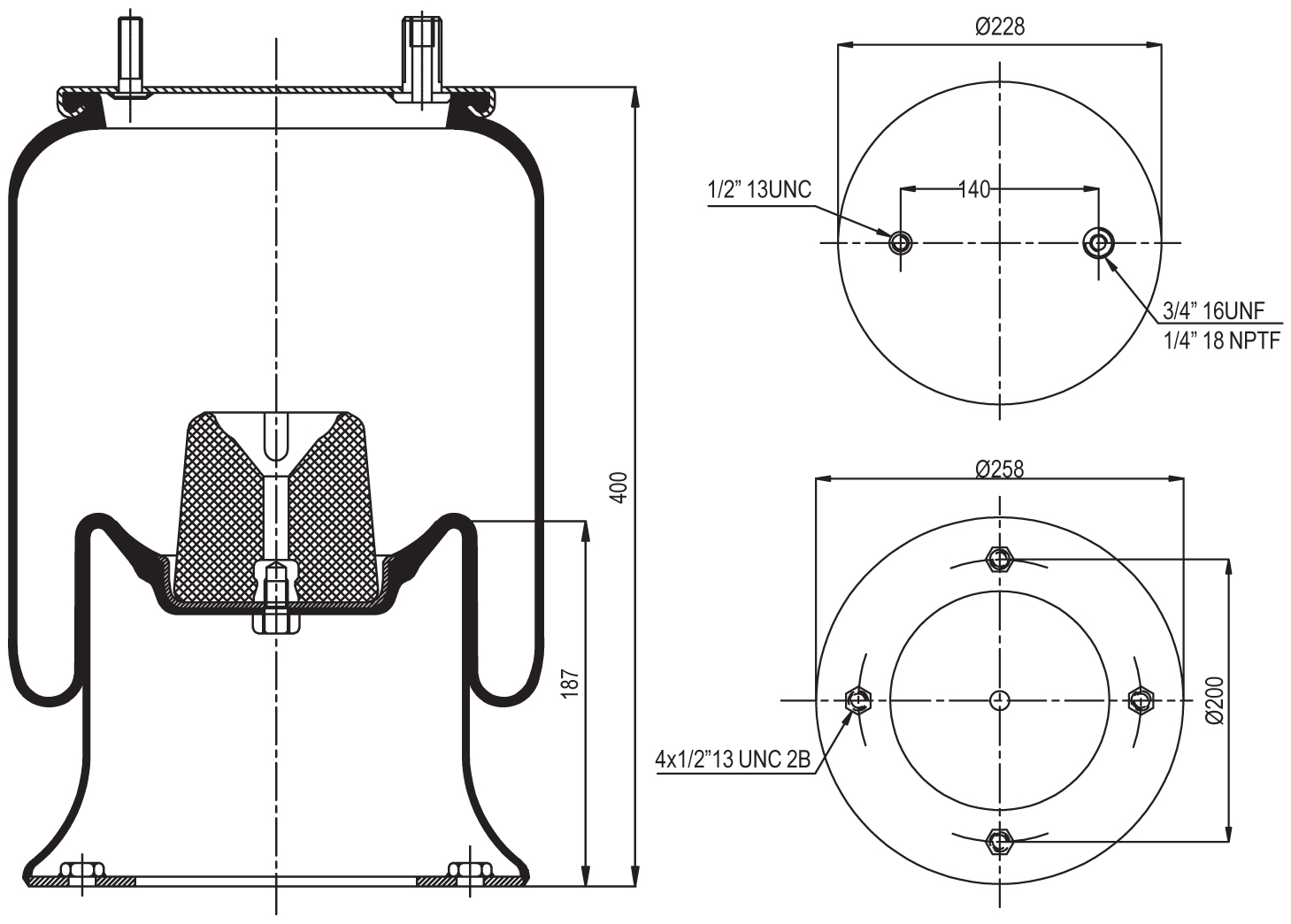 Air Spring Assembly - Reyco 25 Artu 12" to 17" Ride Height / Trailer