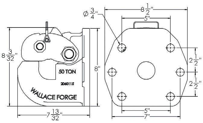50t Offset Pintle Hook, 6 Bolt Pattern, ADR Approved - Wallace Forge